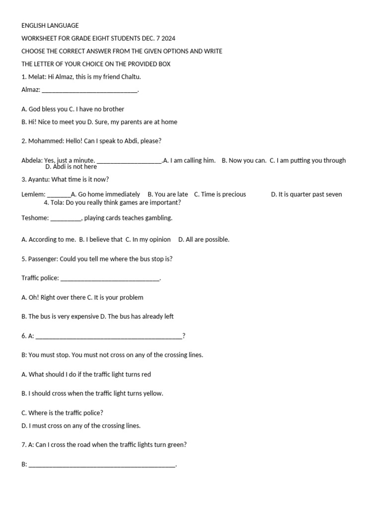 Grade 8 English Language Worksheet | PDF | Literacy