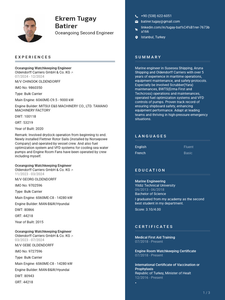 Ekrem Tugay Batirer - Oceangoing Second Engineer - CV | PDF | Shipping | Water Transport