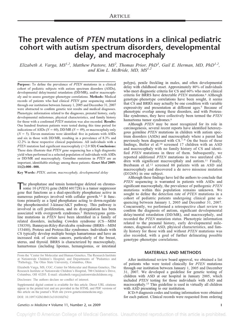 The Prevalence of PTEN Mutations in A Clinical Pediatric Cohort With Autism Spectrum Disorders ...