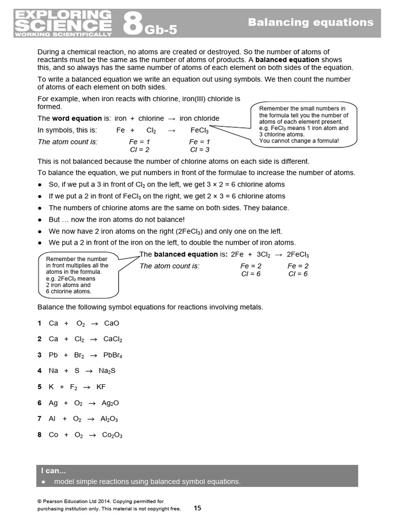 Balancing Chemical Equations Guide | PDF | Chlorine | Iron