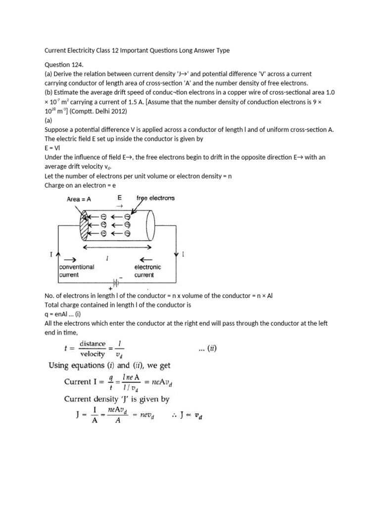 Current Electricity Class 12 Important Questions Long Answer Type | PDF ...