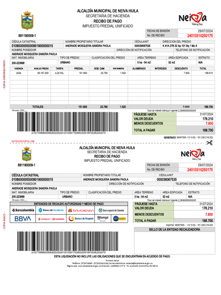 Recibo de Pago - Impuesto Predial | PDF | Dinero | Finanzas del gobierno