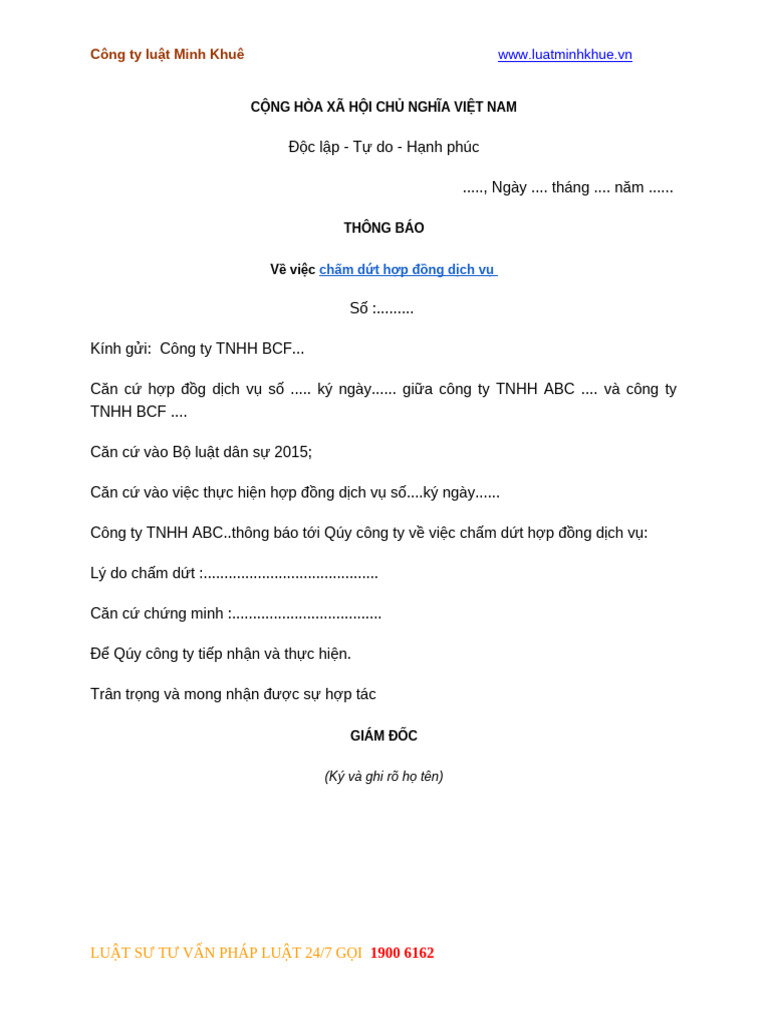 Mau Thong Bao Cham Dut Hop Dong Dich Vu | PDF
