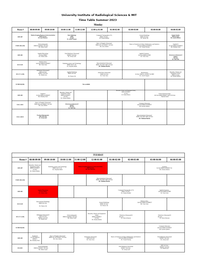Time Table Summer-2023 Final | PDF | Radiology | Medical Imaging