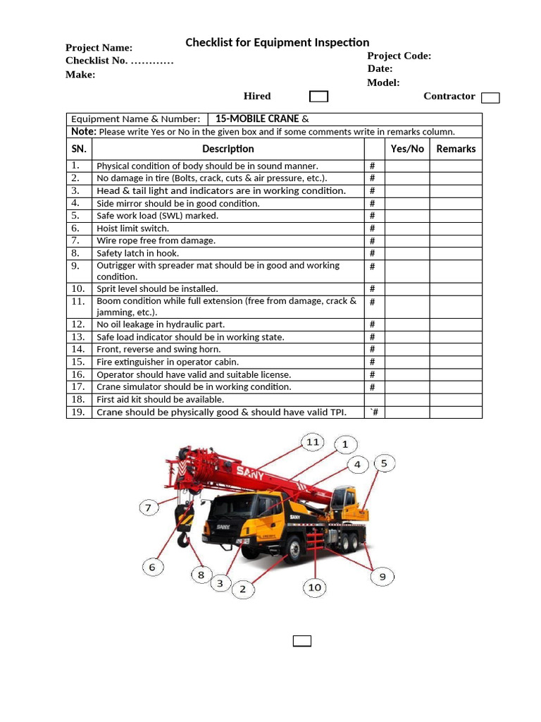Checklist For Equipment Inspection Mobile Crane | PDF