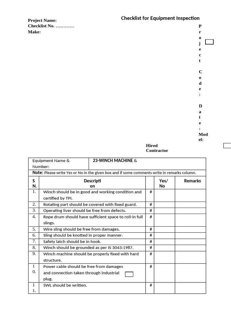 Checklist For Equipment Inspection Winch Machine | PDF | Manufactured Goods