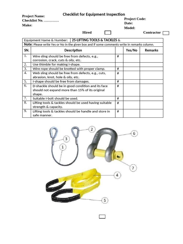 Checklist For Equipment Inspection Lifting Tools & Tackles | PDF