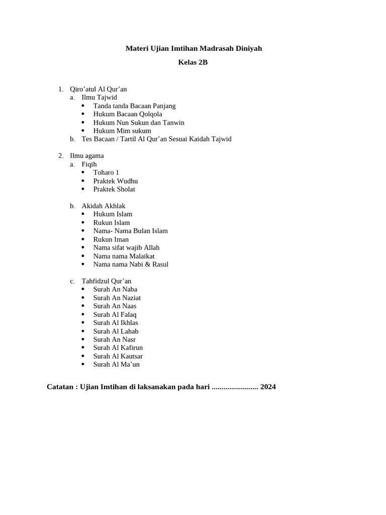 Isi Materi Ujian Imtihan Kelas 2 | PDF
