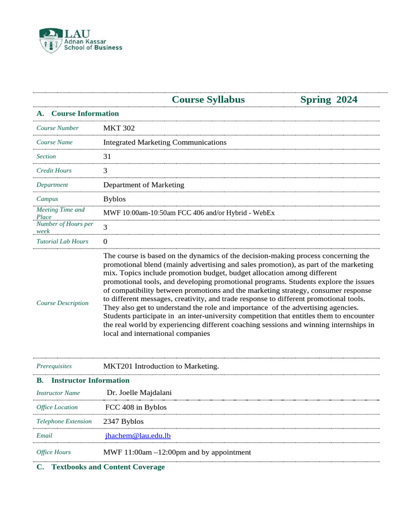 NewMKT 302 IMC Syllabus Spring 2024 | PDF | Academic Dishonesty | Marketing