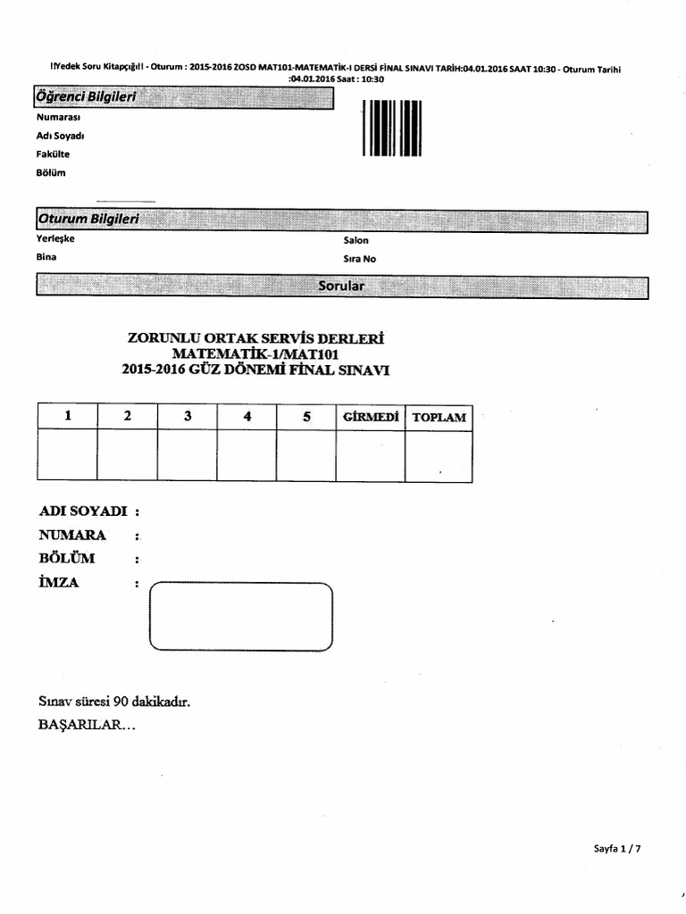 Mat 101 Final Sinavi | PDF