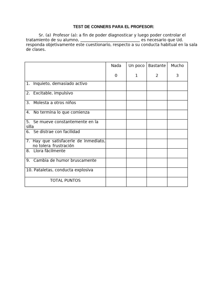 TEST DE CONNERS PARA EL PROFESOR | PDF