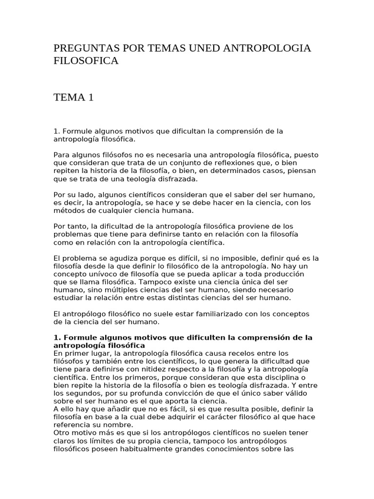 Preguntas Por Temas Uned Antropologia Filosofica | PDF | Hermenéutica | Antropología