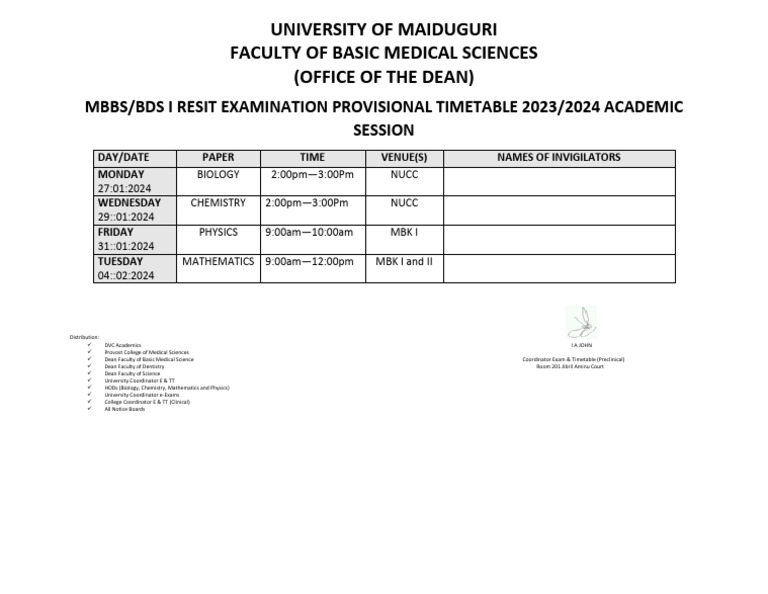 MBBS BDS I Resit 2023 2024 Provisional Time Table | PDF