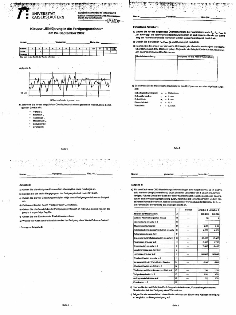 SS02-Altklausur Einführung in Die Fertigungstechnik | PDF