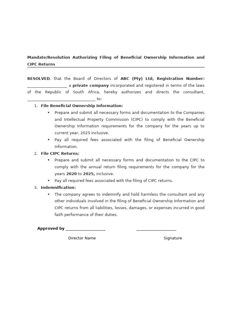 Resolution Authorizing Filing of Beneficial Ownership Information and ...