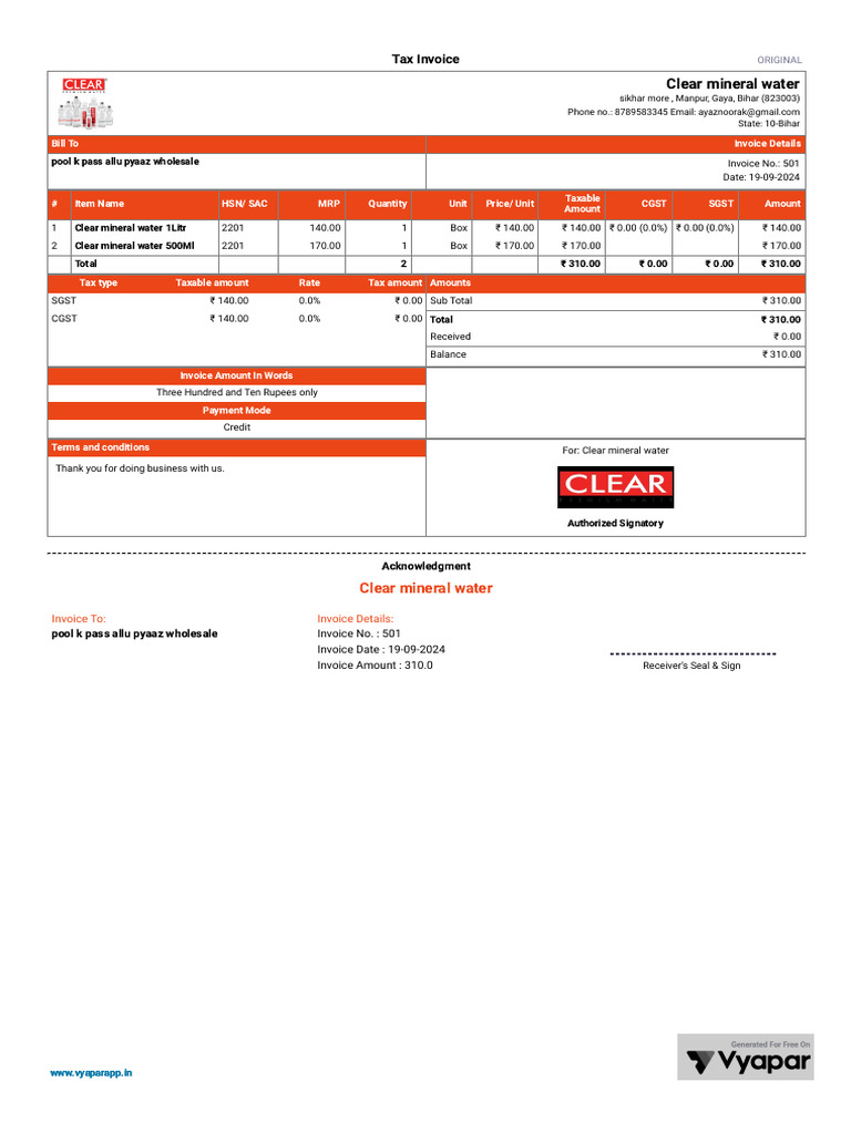 Clear Mineral Water Invoice 501 | PDF | Rupee | Invoice