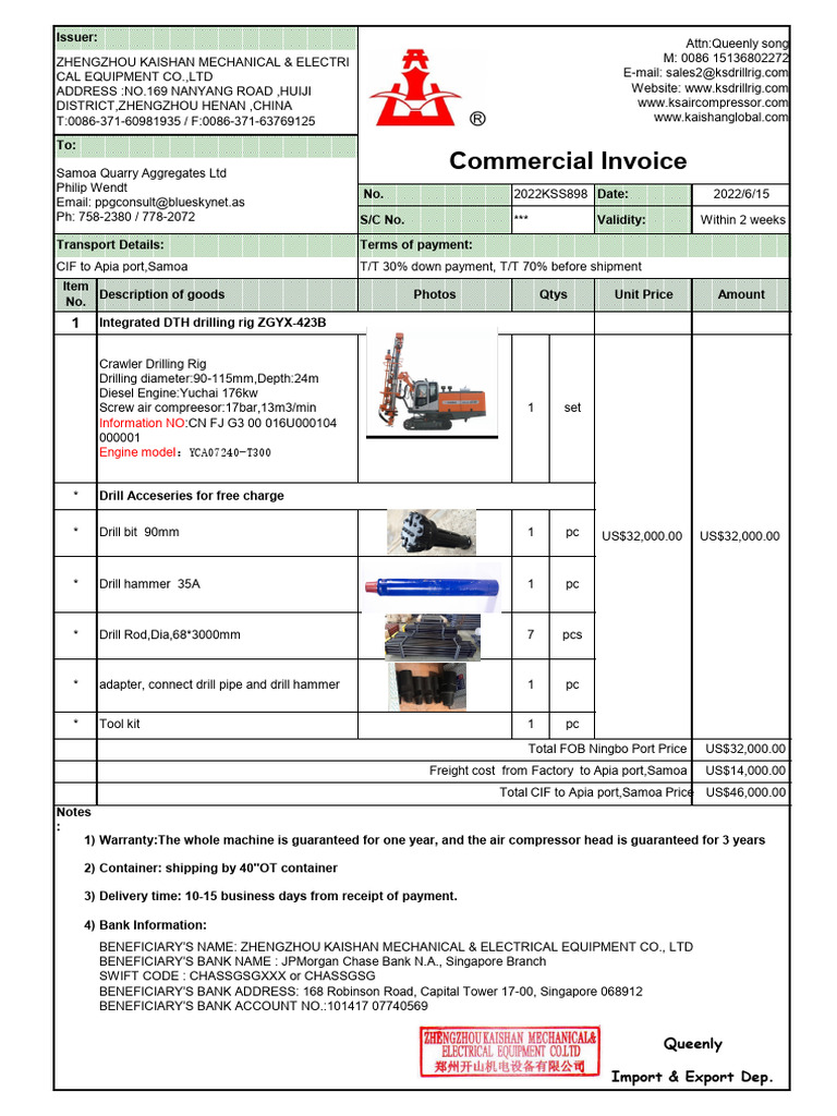 Kaishan Global Proforma Inv Drill Rig 423B 2022KSS898 Queenly 6-16 D | PDF