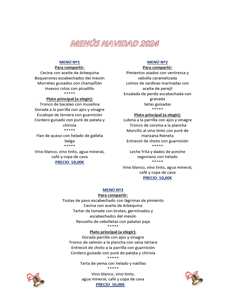 Menus Navidad 2024 Restaurante El Cordero Segovia | PDF | ensalada | Preparación de comida y bebida