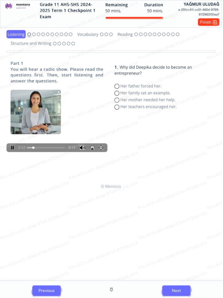 Grade 11 AHS-SHS 2024-2025 Term 1 Checkpoint 1 Exam - MentoraExams | PDF