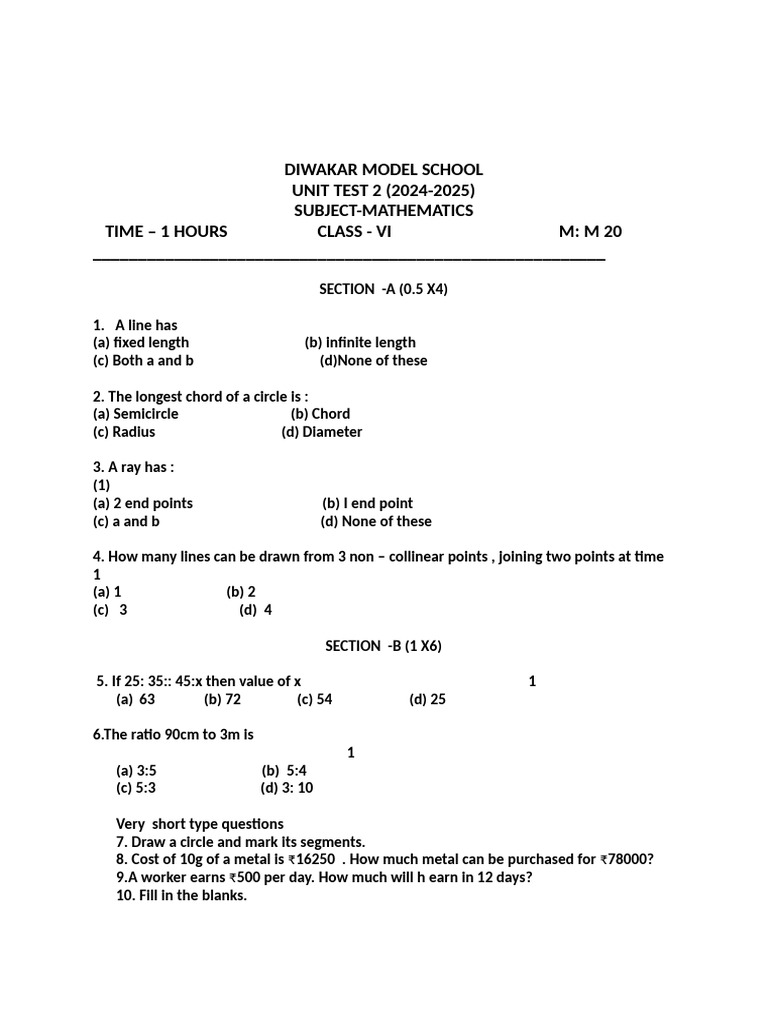 Diwakar Model School - Vi Ut2 2024-25 | PDF