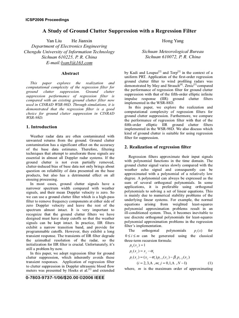A Study of Ground Clutter Suppression With A Regression Filter - Liu2006 | PDF | Filter (Signal ...