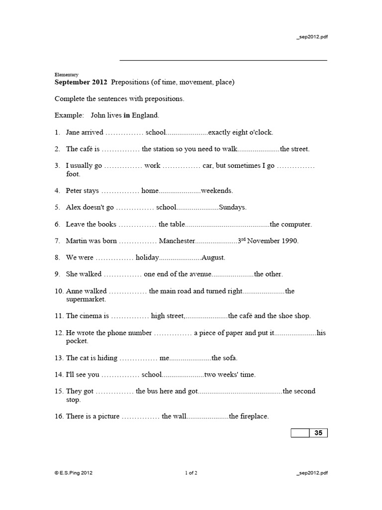 Preposition Exercise | PDF