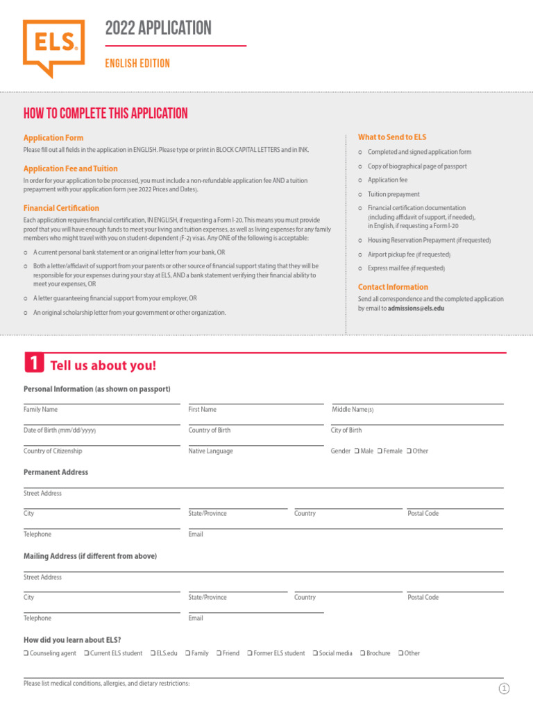 ELS USA Application Form 2022 | PDF | Fee | Tuition Payments