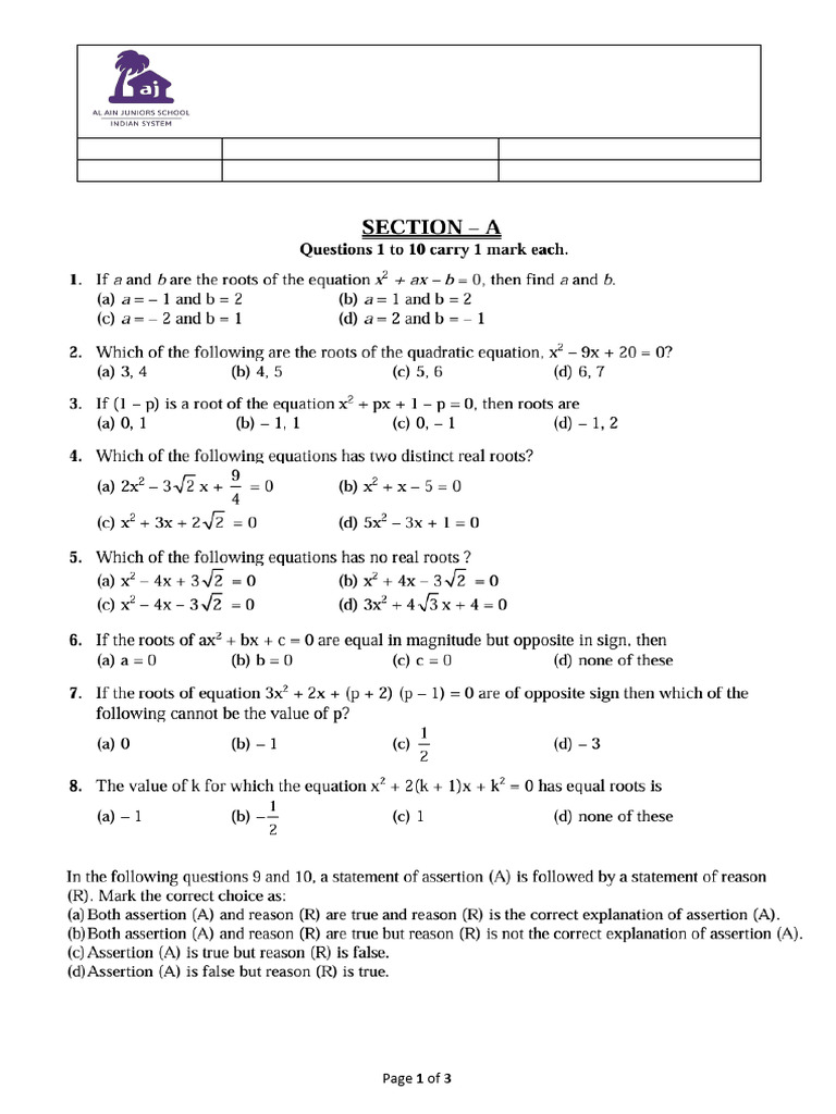 Worksheet Quadratic Equations | PDF