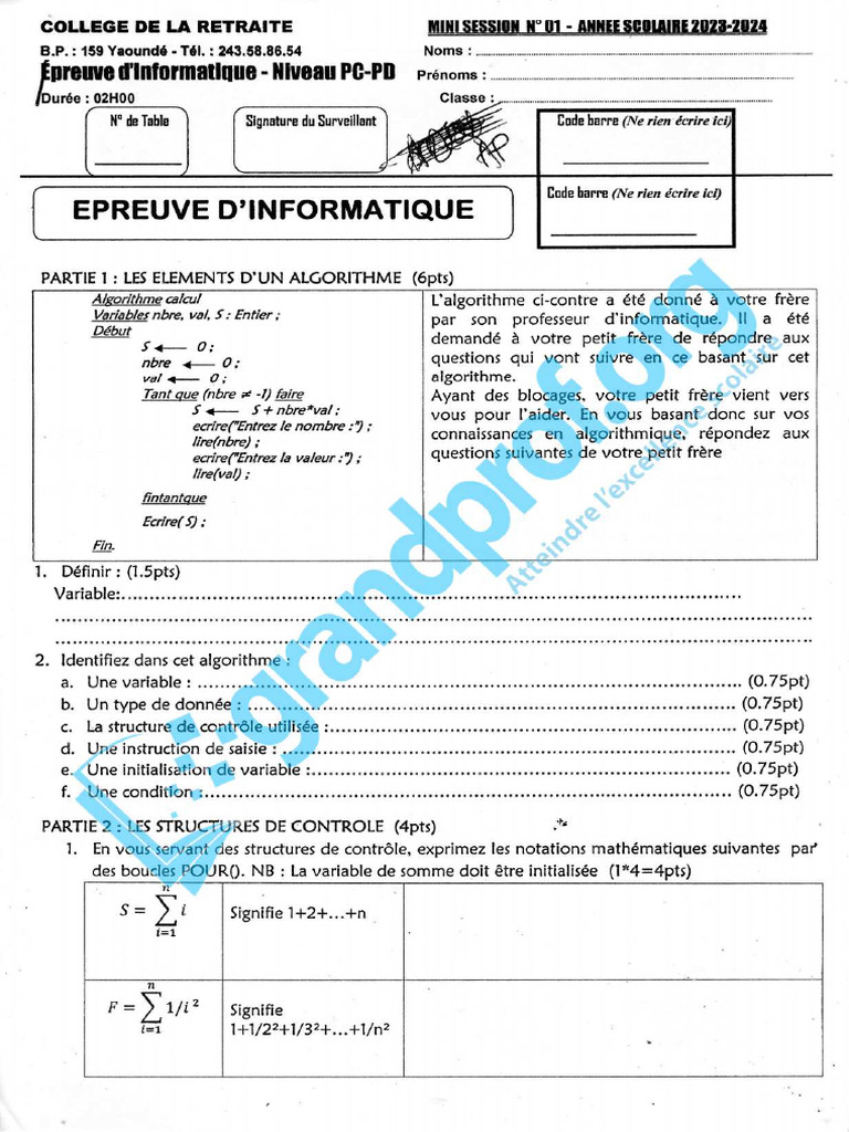 Informatique 1ereCD Mini Session1 College Bilingue Retraite 2023 2024 | PDF