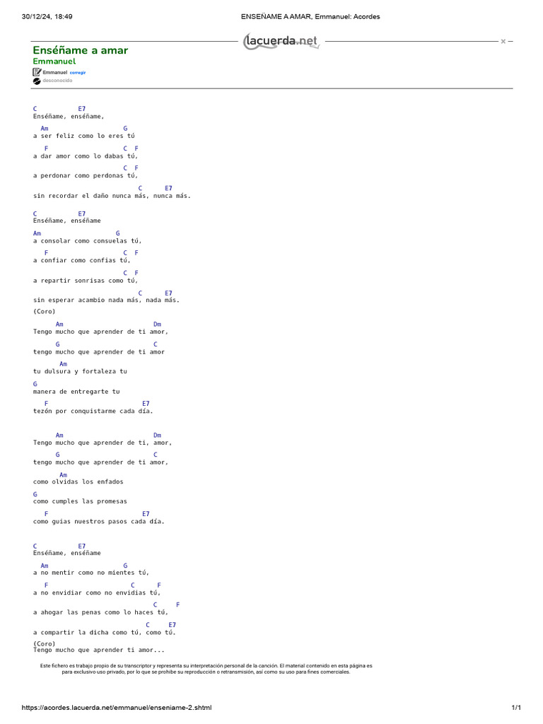 ENSEÑAME A AMAR, Emmanuel - Acordes | PDF