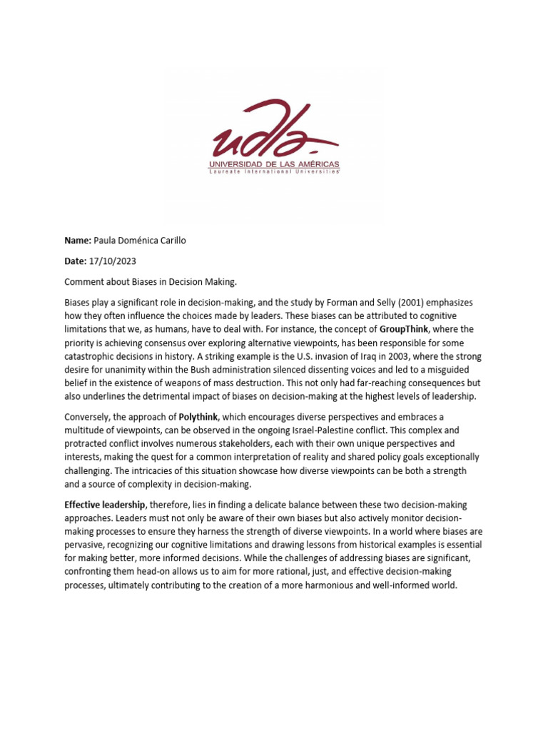 Unit 2 Writing Assignment. Biases in Decision Making | PDF