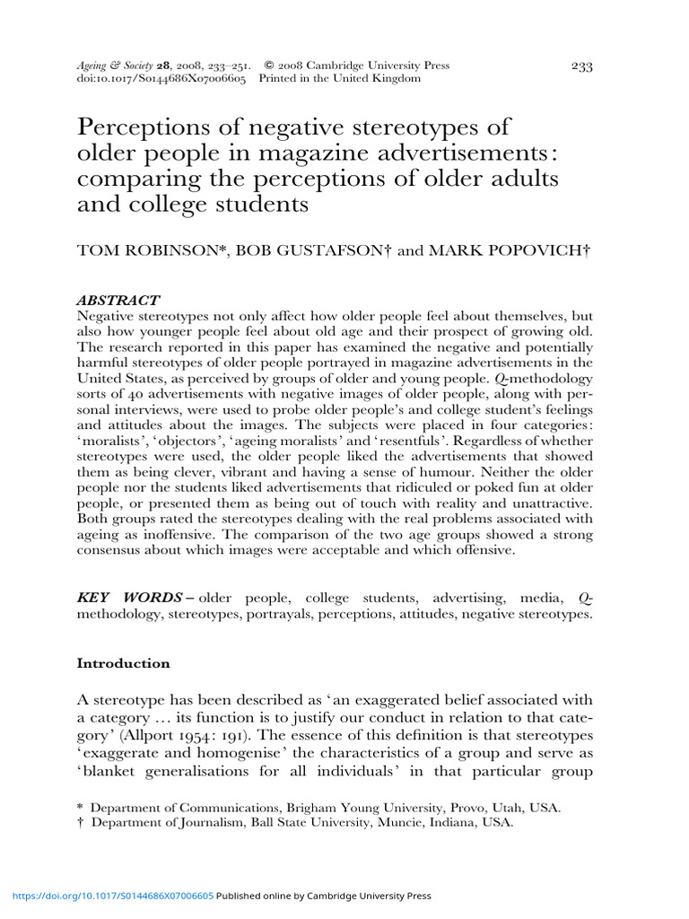 Perceptions of Negative Stereotypes of Older People in Magazine Advertisements Comparing The ...