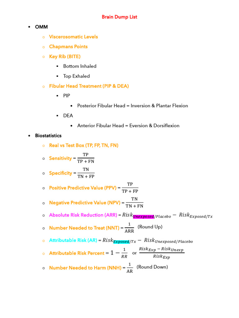 Brain Dump List | PDF | Sensitivity And Specificity | Biostatistics