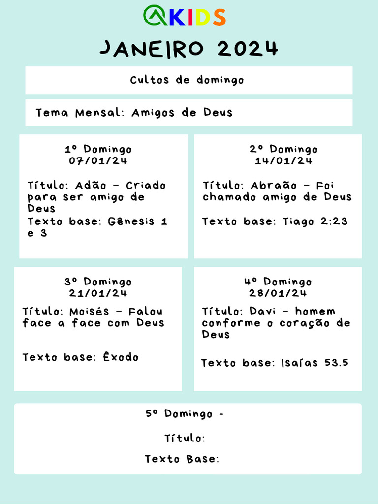 Plano Domingos 2024 - JAN | PDF | Gênesis (livro) | Adão e Eva