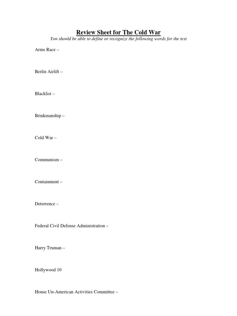 Cold War Key Terms Review Sheet | PDF