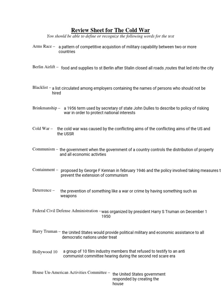 Cold War Key Terms Review Sheet | PDF | Cold War | Soviet Union