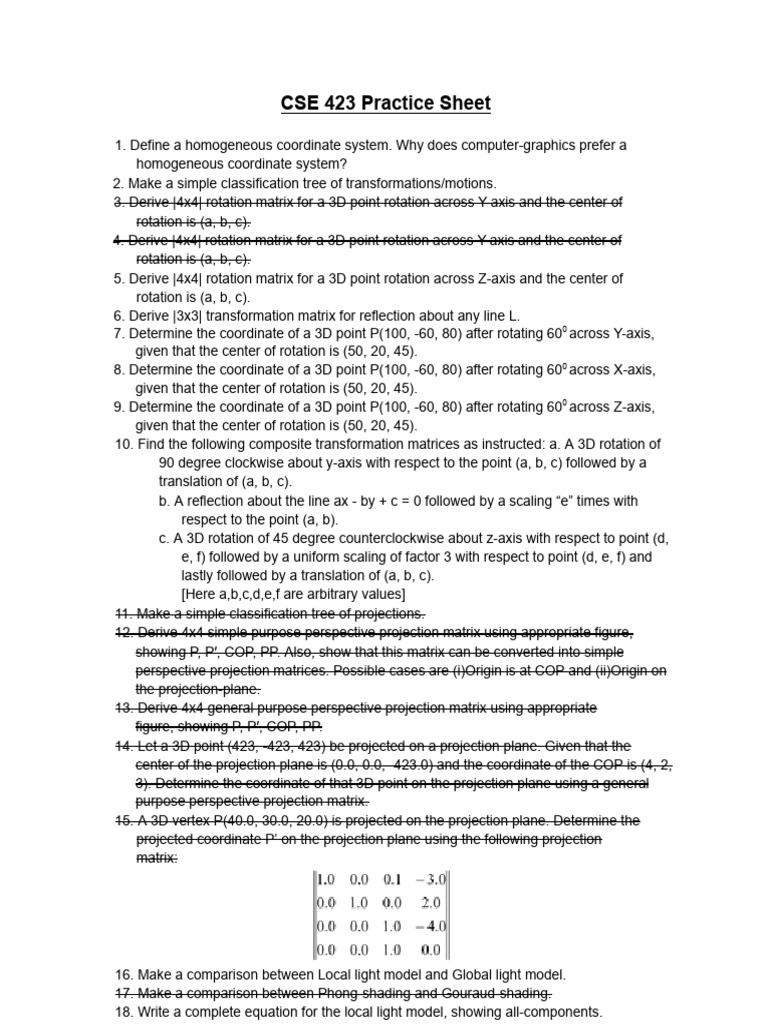 CSE 423 Computer Graphics Practice Sheet | PDF | Cartesian Coordinate ...