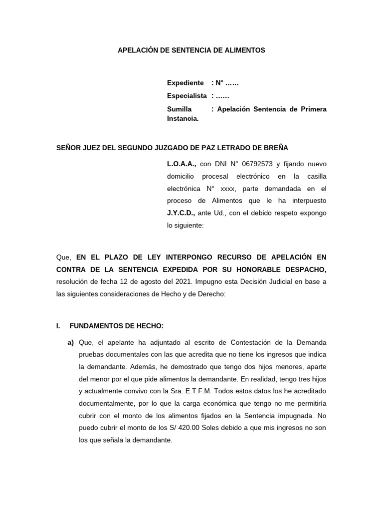 Apelación de Sentencia de Alimentos | PDF | Sentencia (ley) | Apelación