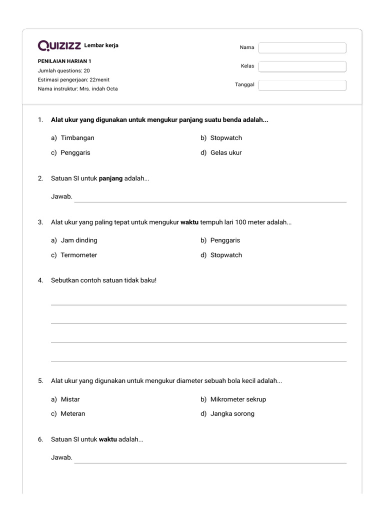PENILAIAN HARIAN 1 - QuizizzPDF - 241010 - 204333 | PDF