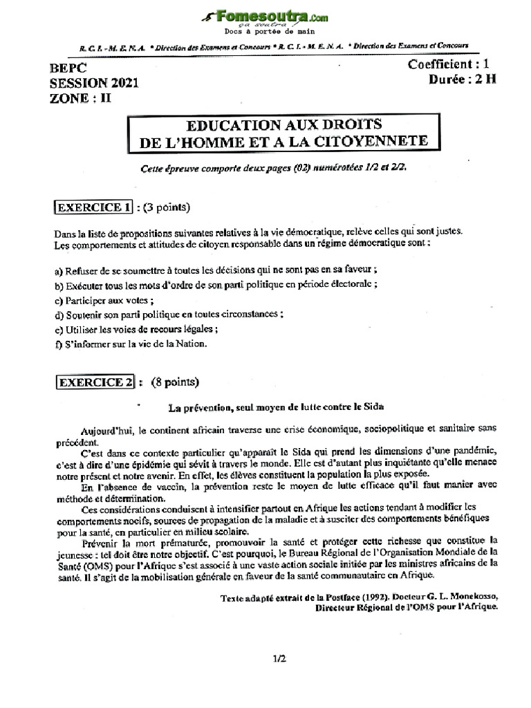 612bcb39506ecsujet de Edhc Bepc 2021 Zone 2 | PDF