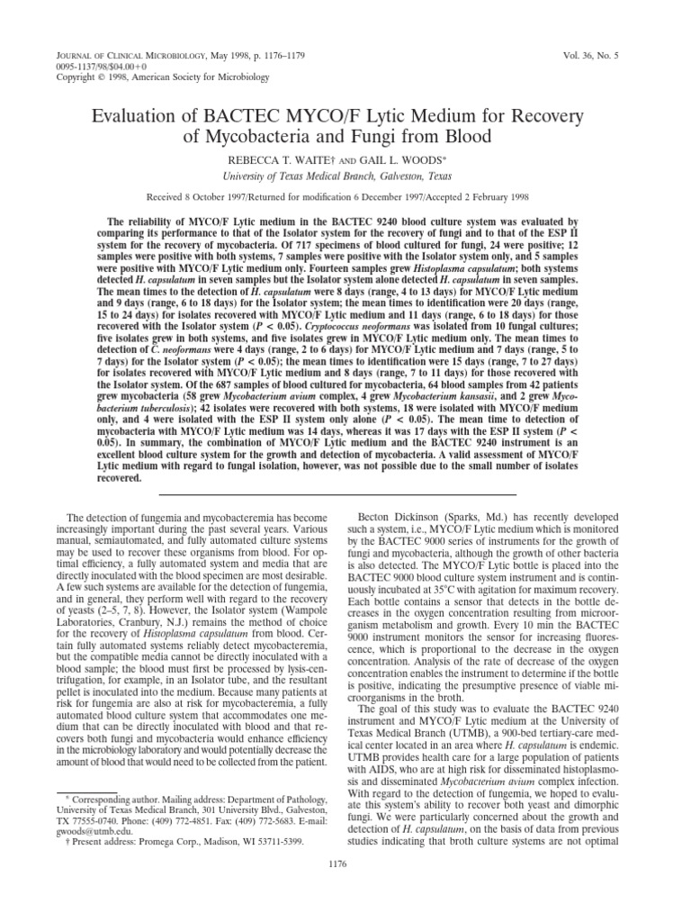 Woods Waite 1998 Evaluation of Bactec Myco F Lytic Medium For Recovery of Mycobacteria and Fungi ...
