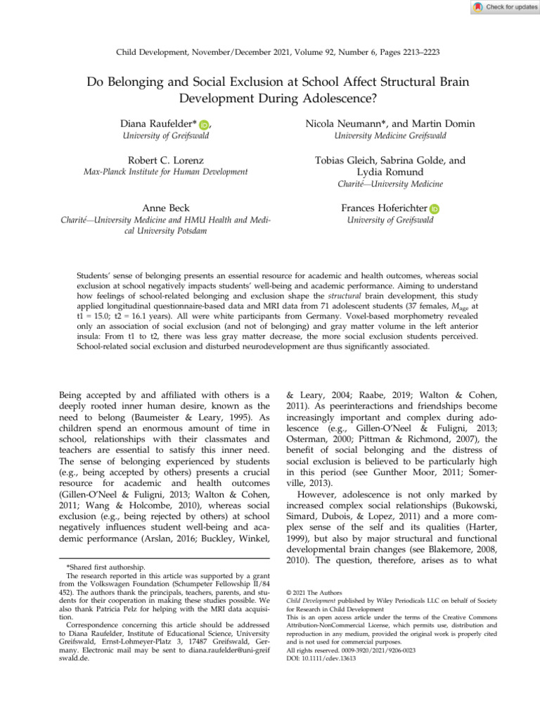 Child Development - 2021 - Raufelder - Do Belonging and Social ...