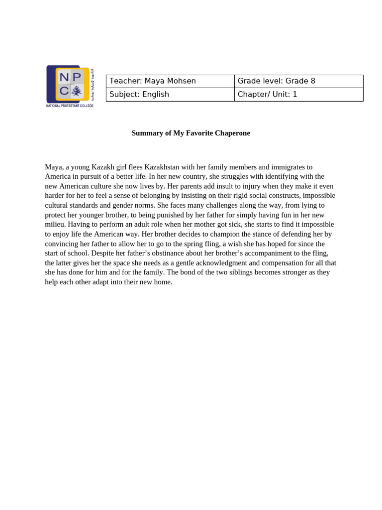 Lesson 1 - My Favorite Chaperone - Summary | PDF