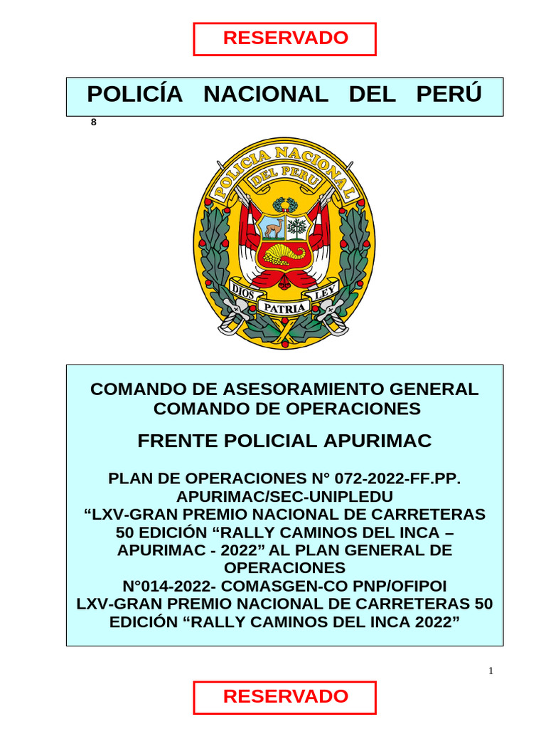 Plan de Operaciones Rally Caminos Inca 2022 | PDF | Policía | Perú
