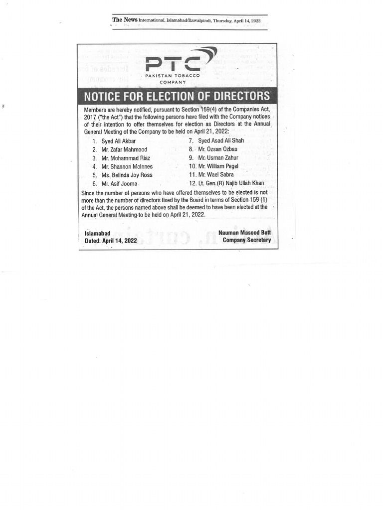 Notice For Election of Directors | PDF