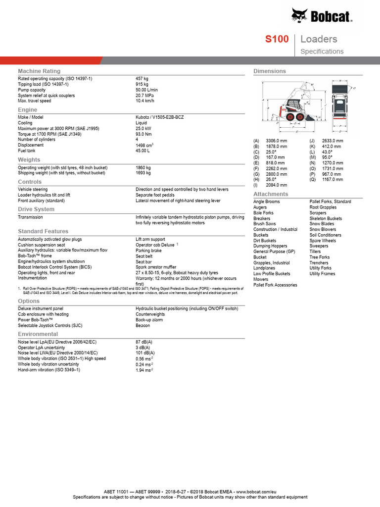 Datasheet Bobcat s100 Skid Steer Loader | PDF | Loader (Equipment) | Car