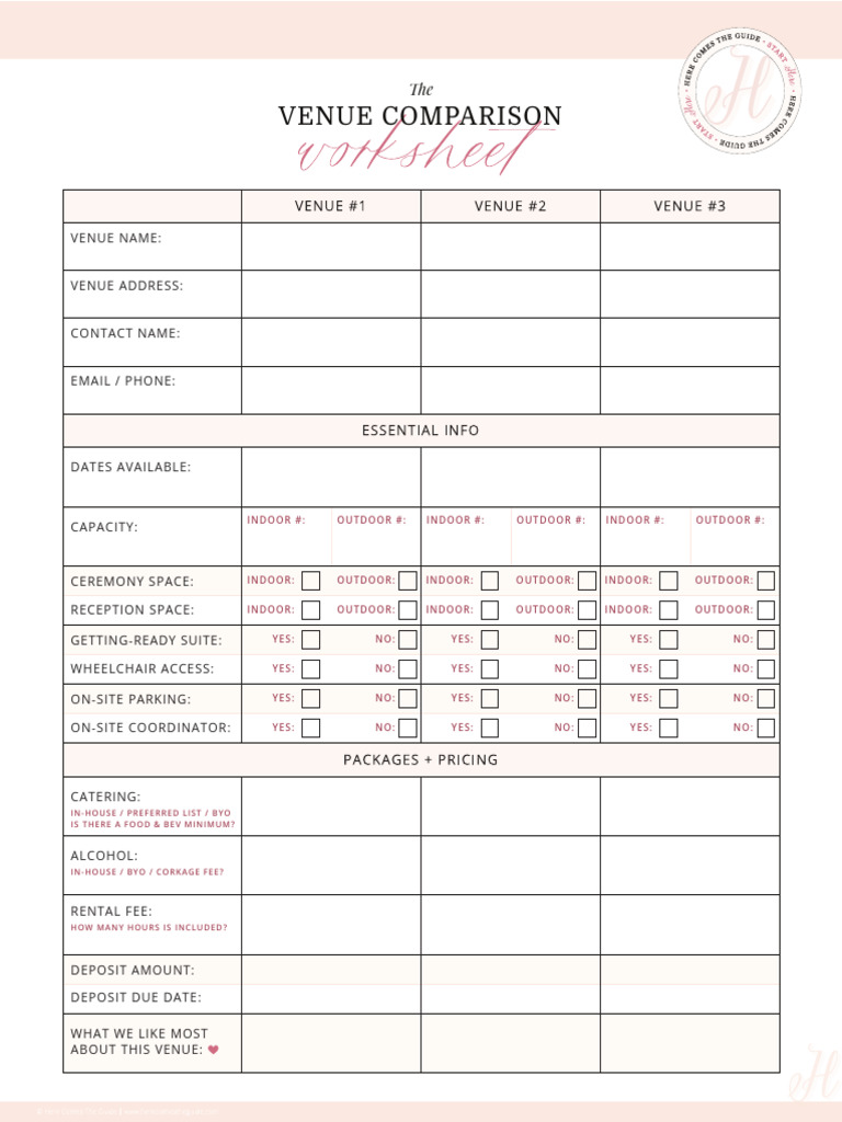 Venue Comparison Worksheet | PDF