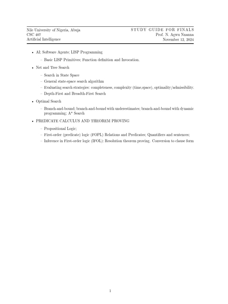AI Study Guide for CSC 407 Finals | PDF | First Order Logic | Logic