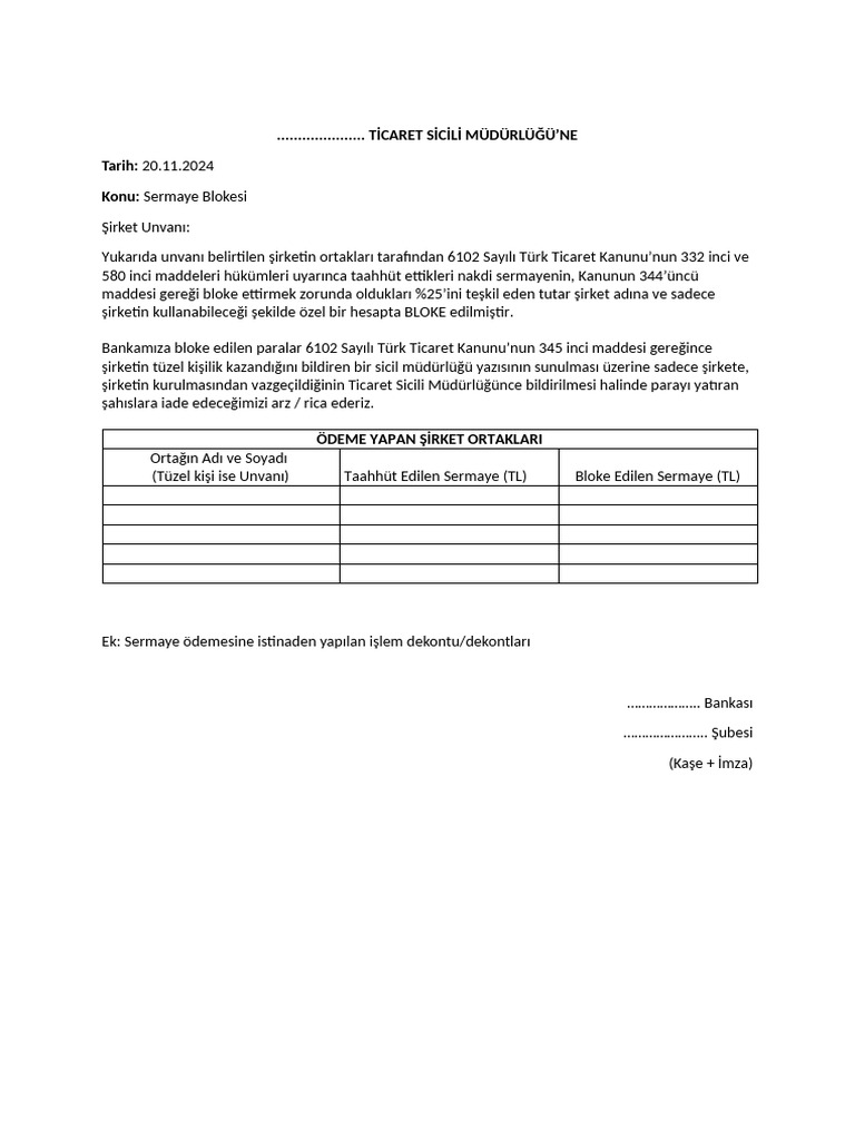 Banka Sermaye Yazısı Örneği | PDF