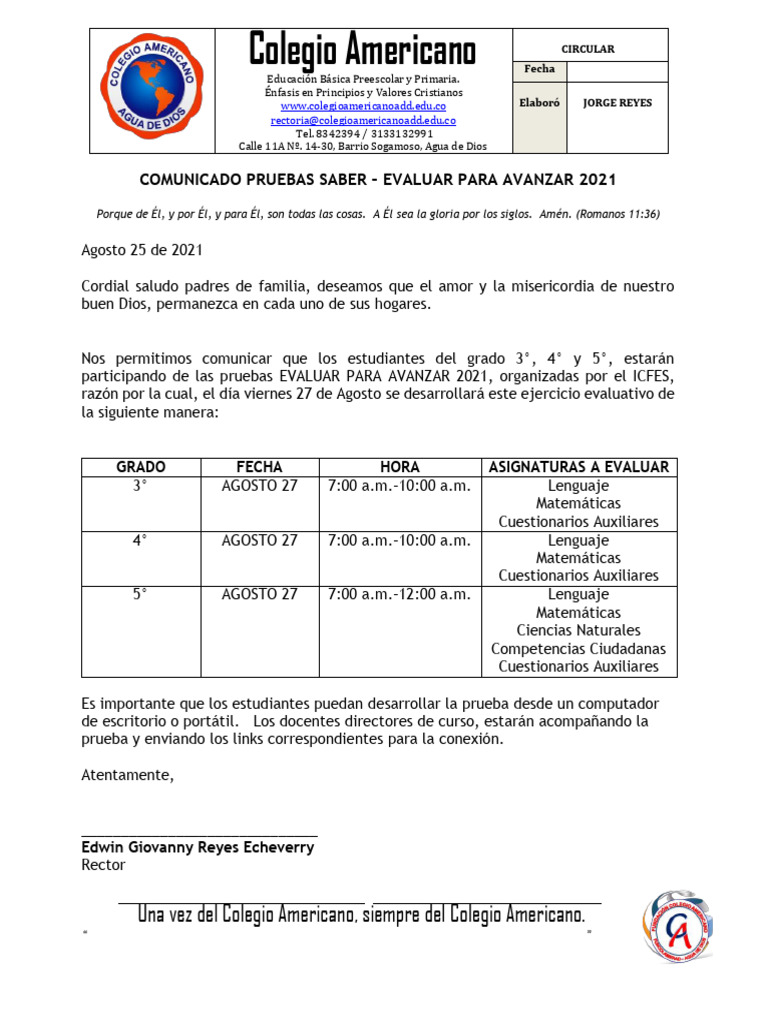 Comunicado Pruebas Saber - Evaluar para Avanzar | PDF